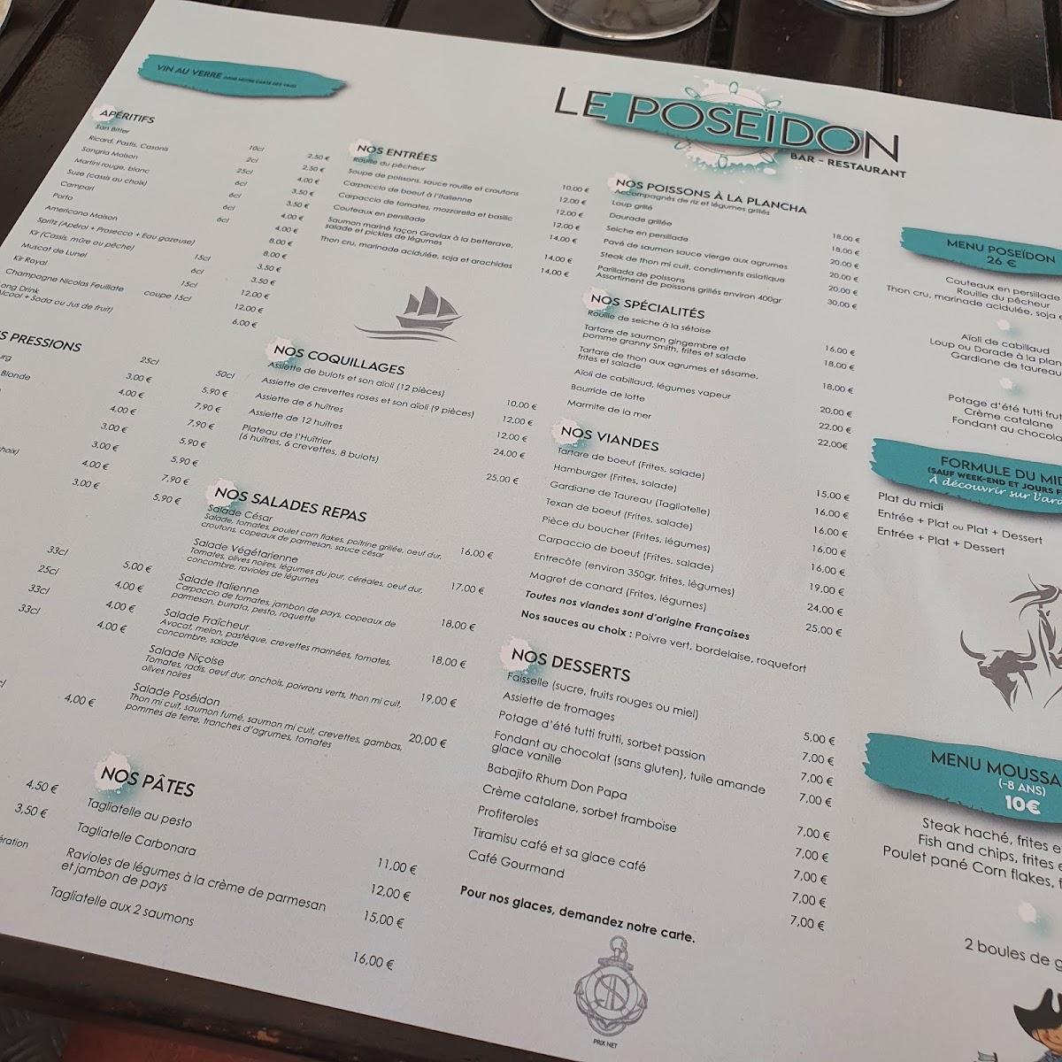 Menu at Le Poséïdon restaurant, La Grande-Motte