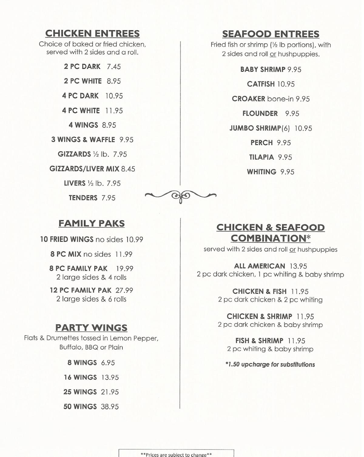 Menu at Mr. Charles Chicken & Fish Cambridge Commons restaurant, Charlotte