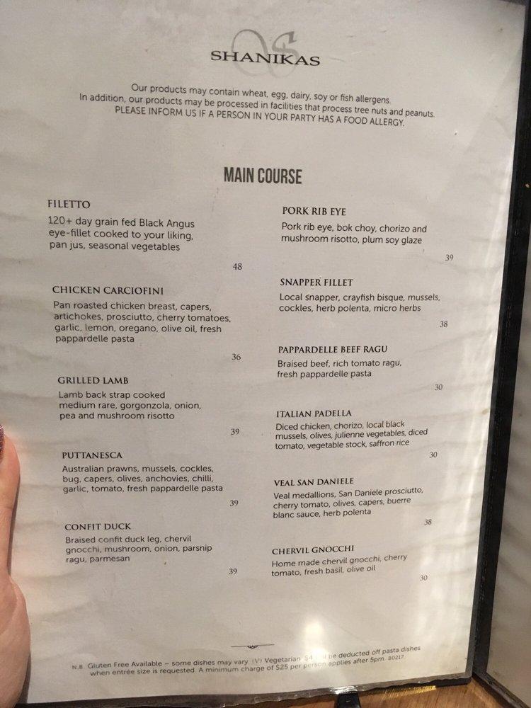 Menu at Shanikas Berwick restaurant, Berwick