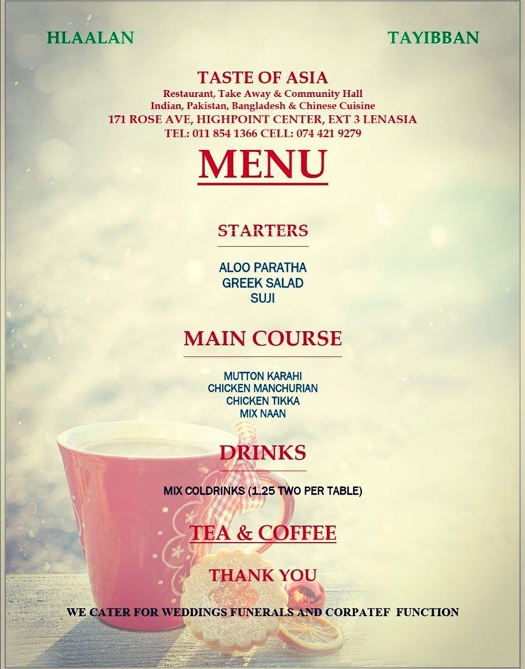 Menu at Taste Of Asia restaurants, Lenasia
