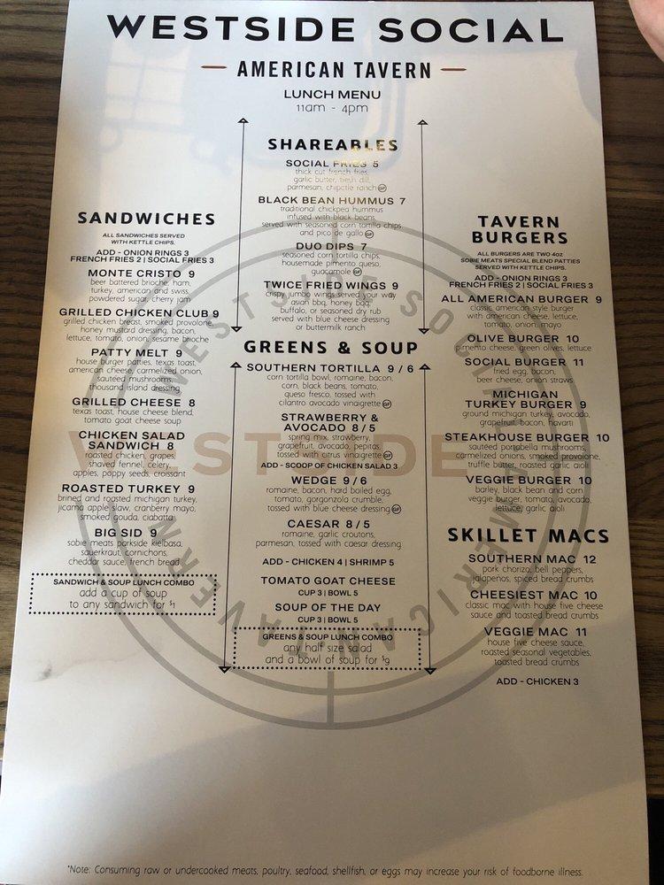 Menu at Westside Social restaurant, Grand Rapids