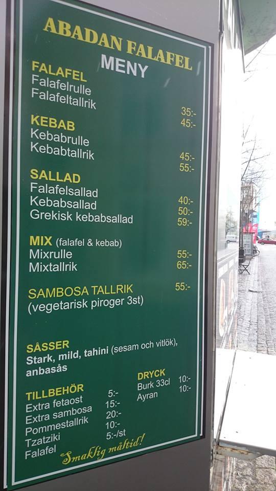 Menu at Abadan Falafel restaurant, Jönköping