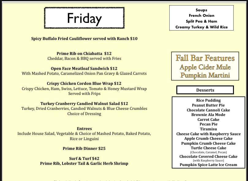 Menu at Cora's 1850 Bistro restaurant, Hawley, 525 Welwood Ave