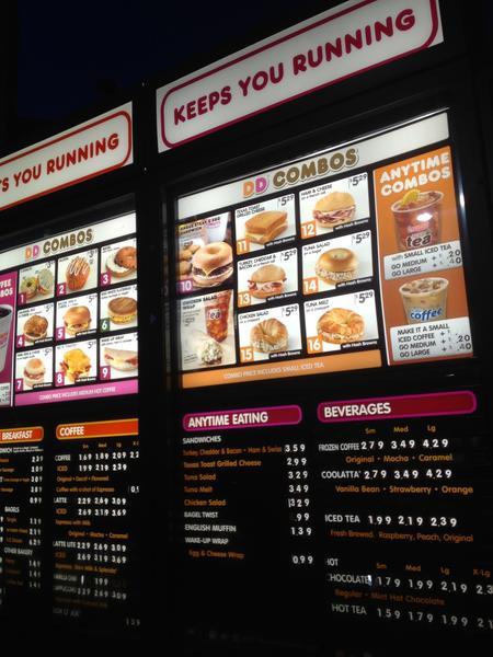 Menu at Dunkin' fast food, St. Charles, W Main St