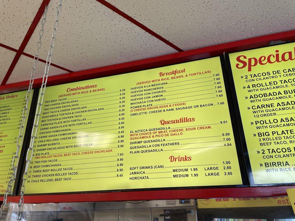 Menu at El Azteca Taco Shop restaurant, La Mesa