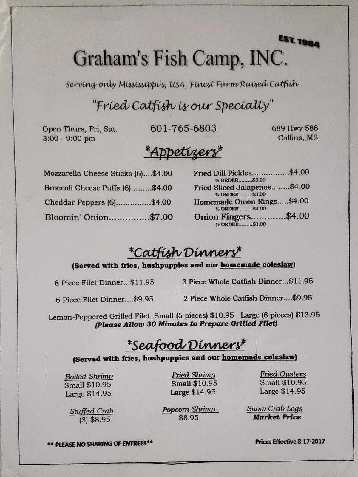 Menu at Graham's Fish Camp restaurant, Collins