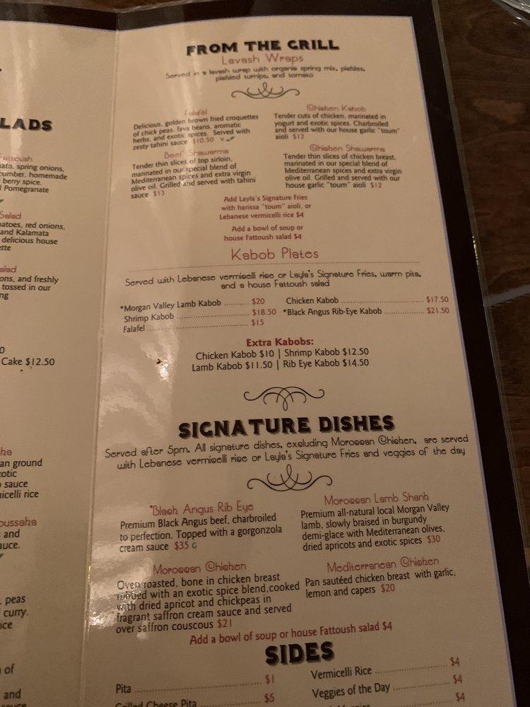 Menu at Layla Mediterranean Grill And Mezze pub & bar, Holladay