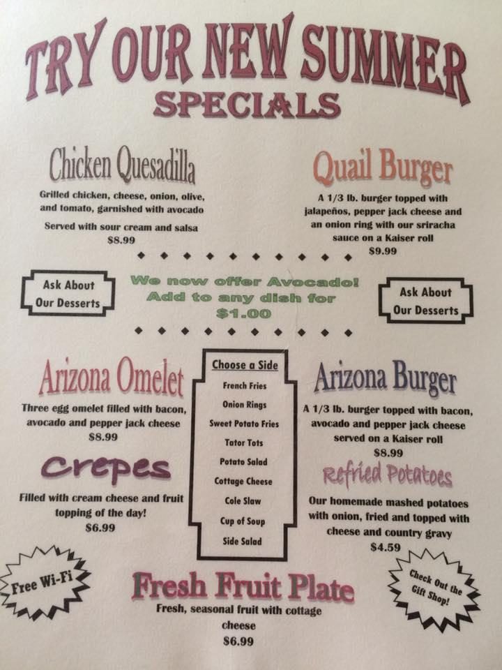 Menu at Mountain Quail Cafe, Quartzsite