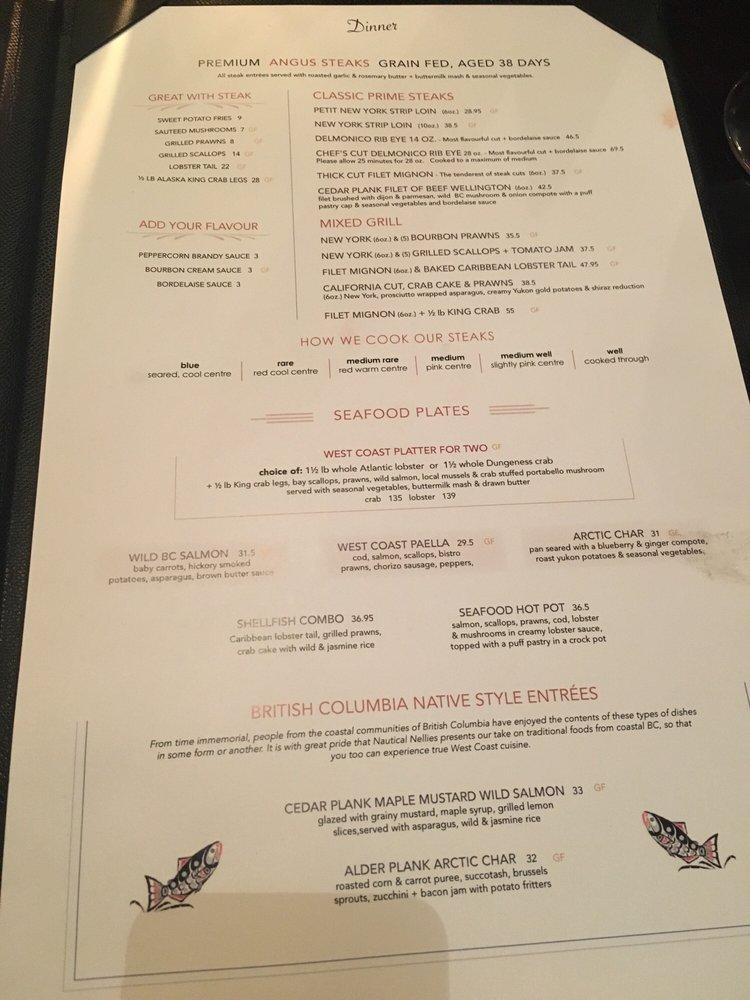 Menu au Nautical Nellies Steak & Seafood House restaurant à viande ...