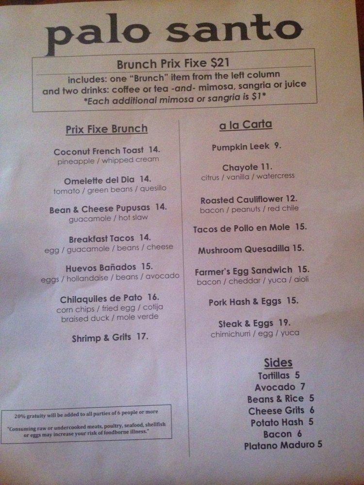Menu at Palo Santo restaurant, New York City
