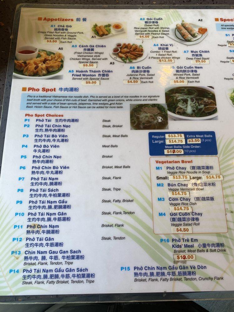 Menu at Pho Spot restaurant, North Vancouver, Lonsdale Ave
