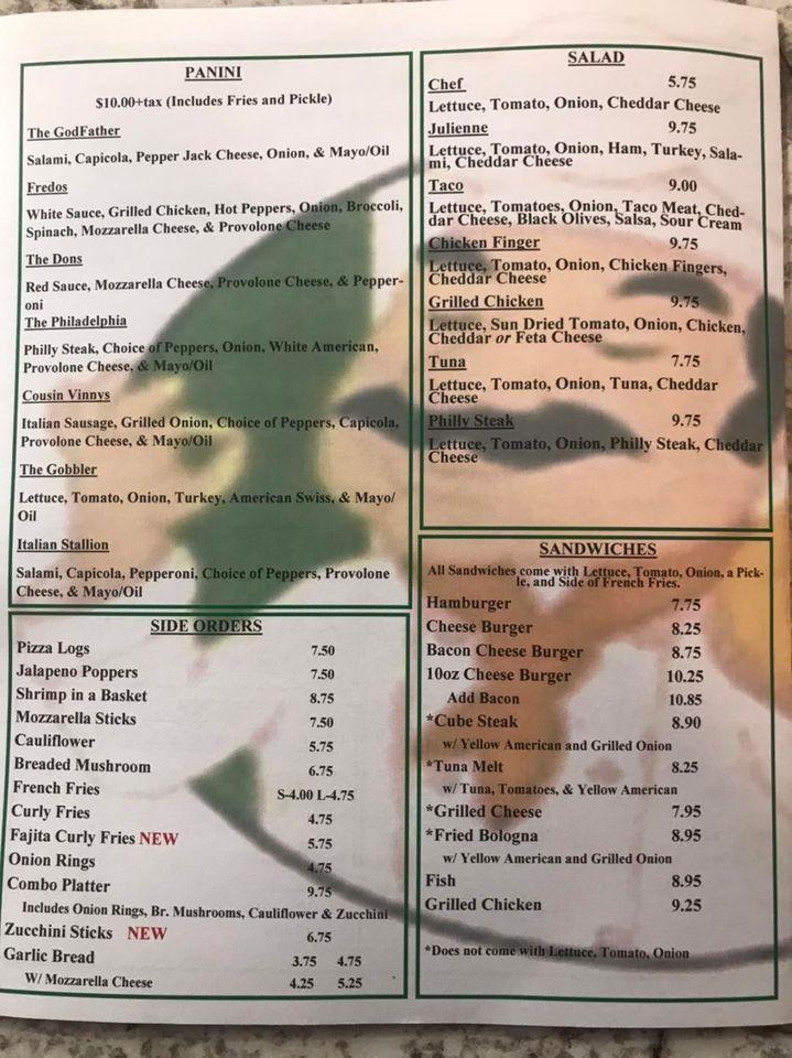 Menu at Piz-A-Italia pizzeria, North Collins