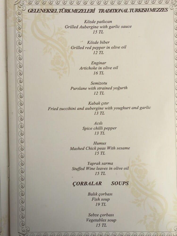 Menu at Seven Hills Restaurant, Istanbul
