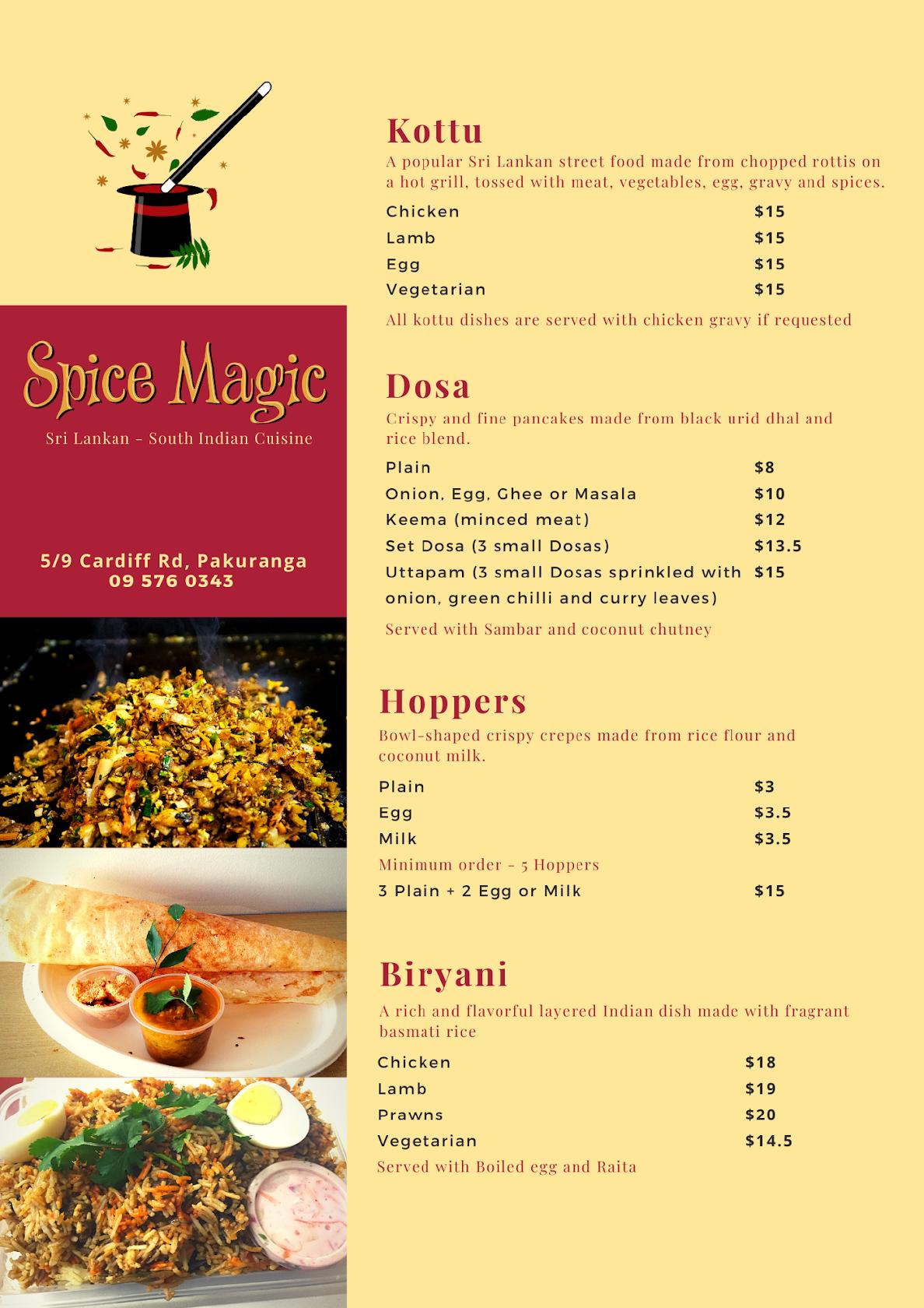 Menu at Spice Magic restaurant, Auckland
