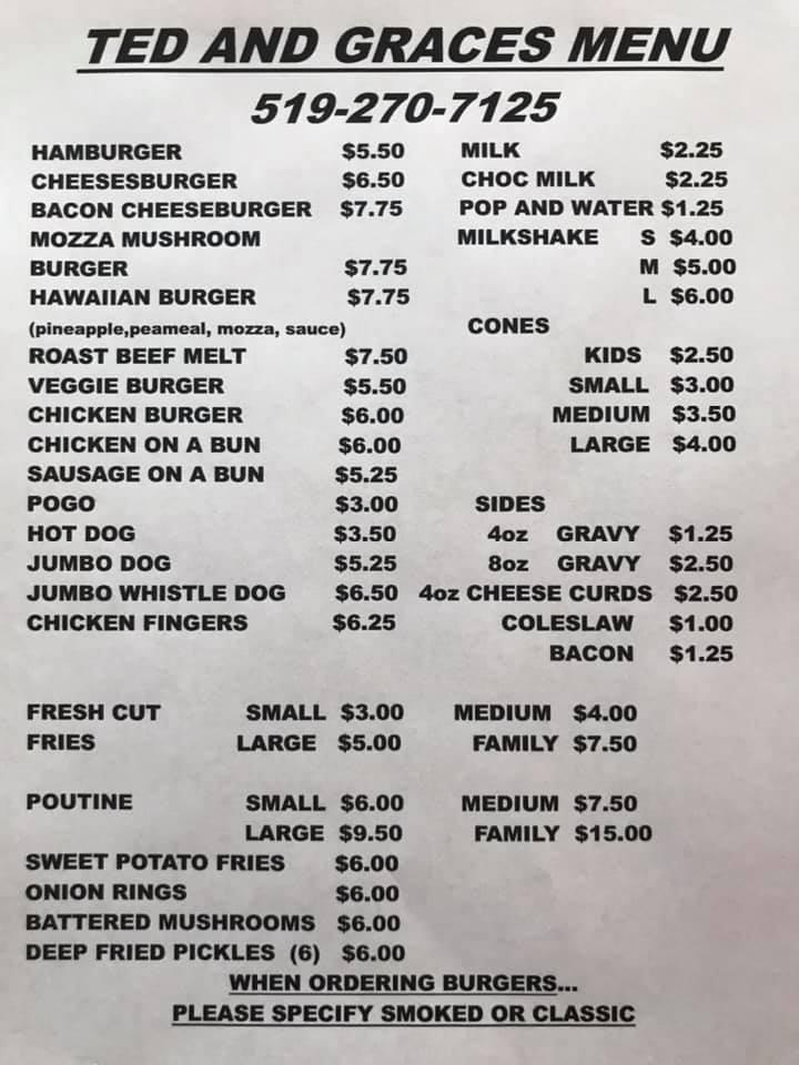 Menu au Ted & Grace's fast food, Owen Sound