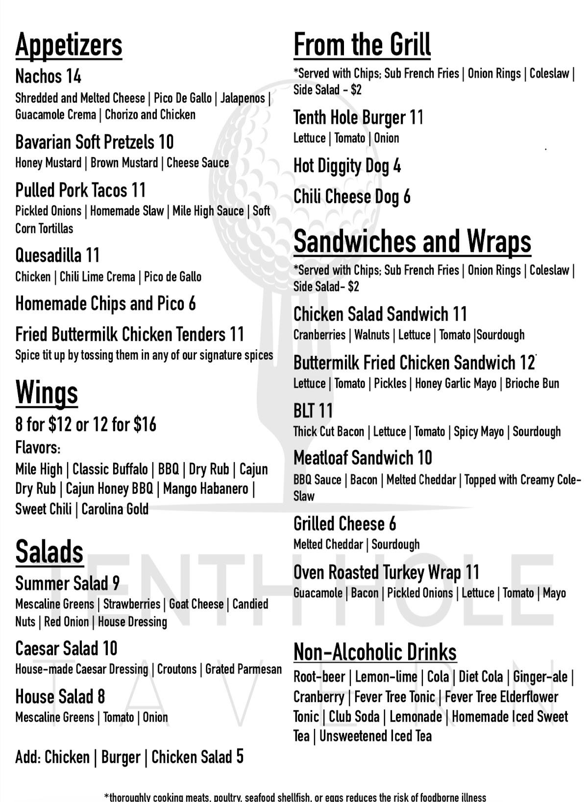 Menu at Tenth Hole Tavern pizzeria, Glastonbury, 16 Fairway Crossing