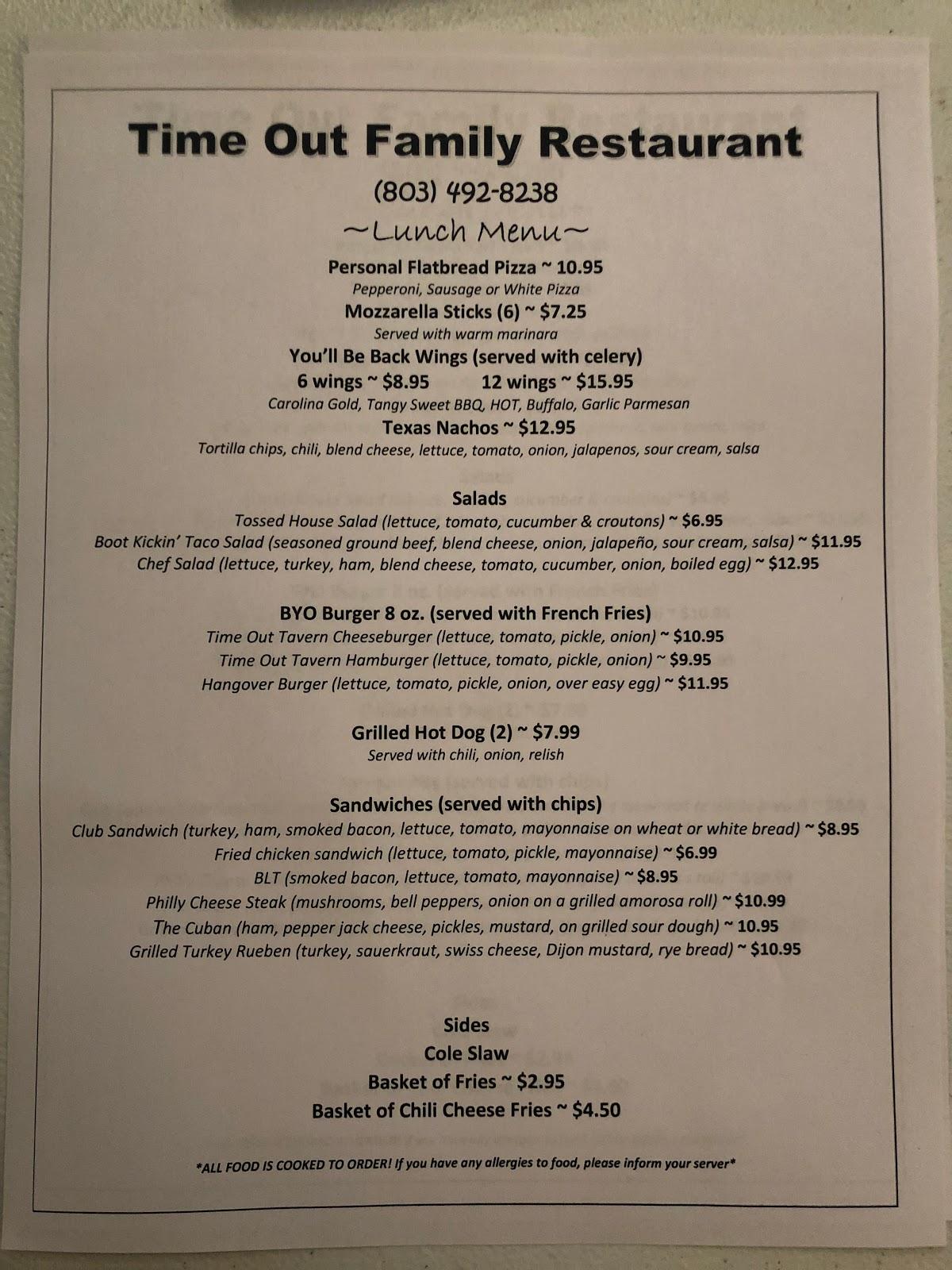 Menu at Time Out Tavern pub & bar, Eutawville
