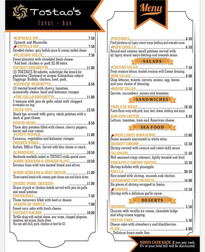 Menu at Tostao's Tapas-bar, Nashua