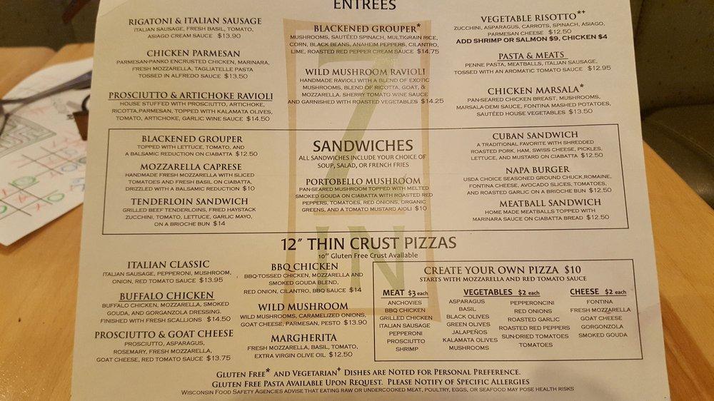 Menu at Zin - Uncommon California Italian pub & bar, Delafield