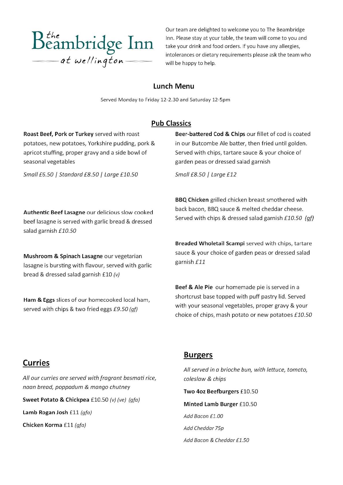 Menu at Beambridge Inn pub & bar, Rockwell Green