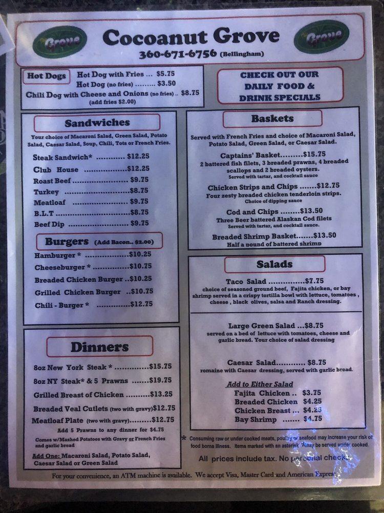 Menu at Cocoanut Grove pub & bar, Bellingham