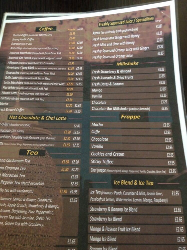 Menu at Damascena Moseley cafe, Birmingham, 133 Alcester Rd