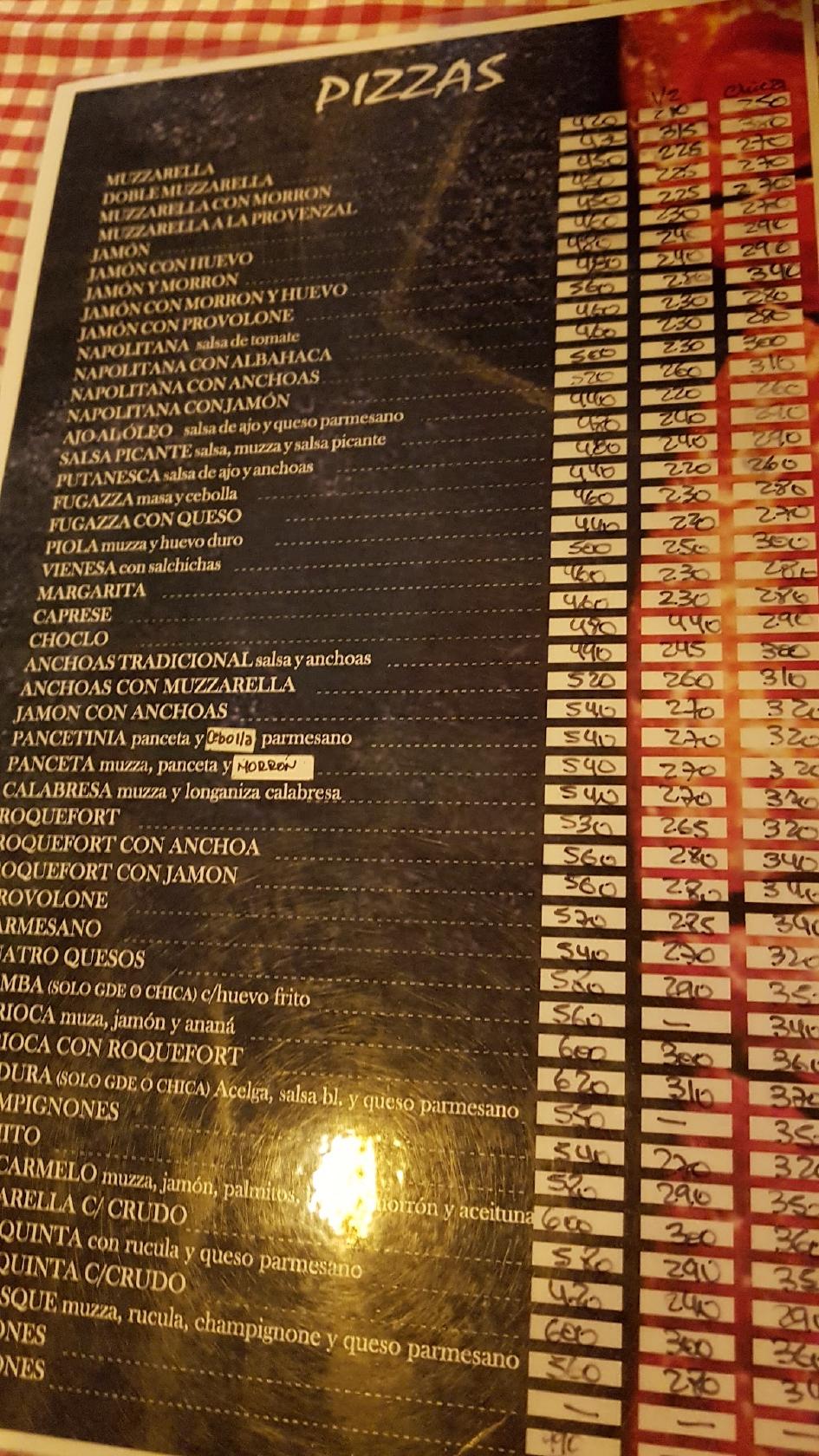 Menu at Pizzeria Don Carmelo, San Antonio de Areco