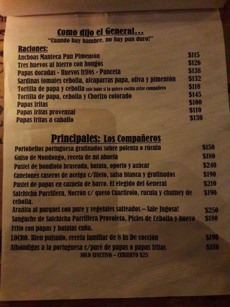 Menu at Perón Perón RestoBar, Buenos Aires