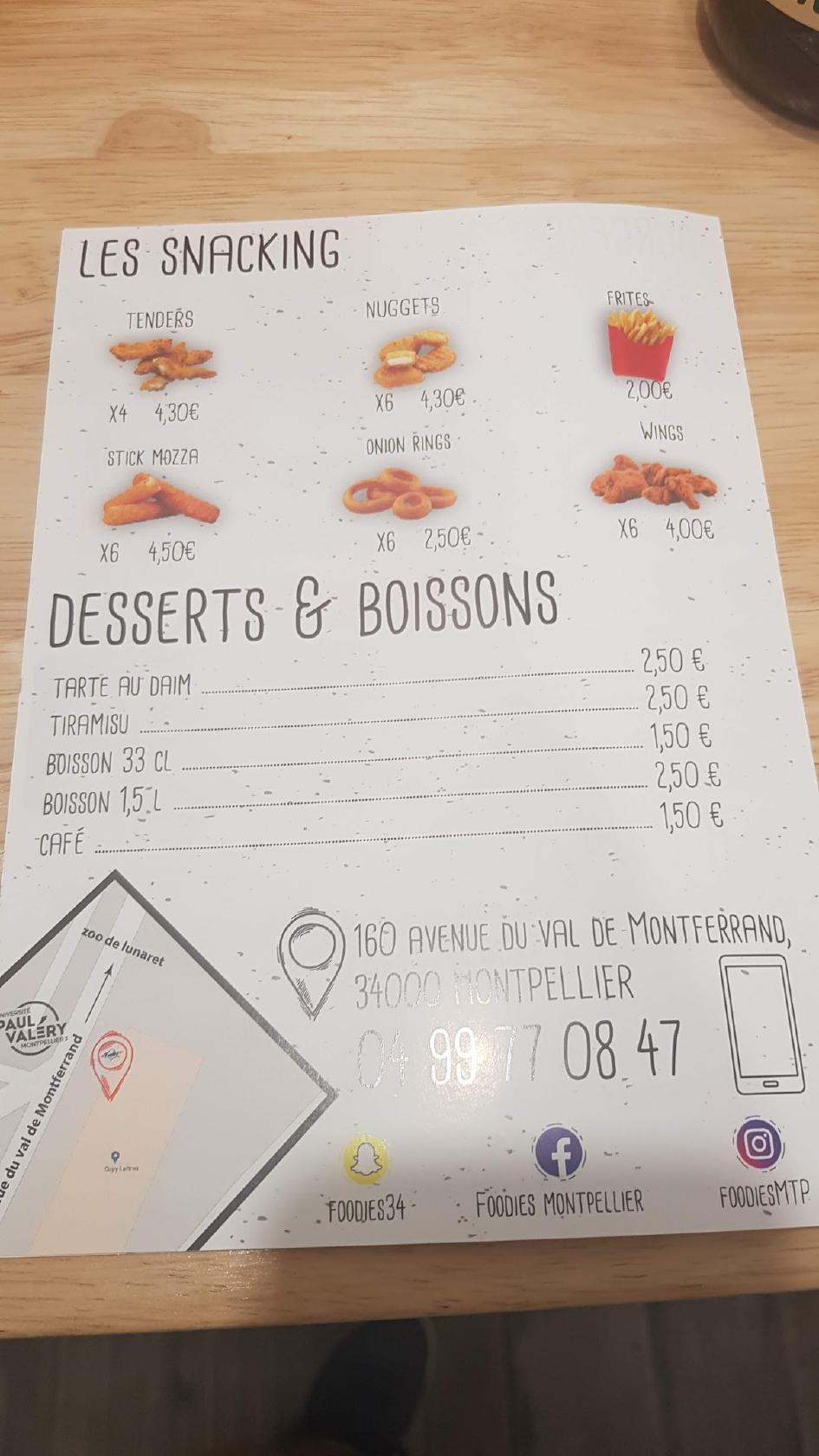 Menu at Foodies restaurant, Montpellier