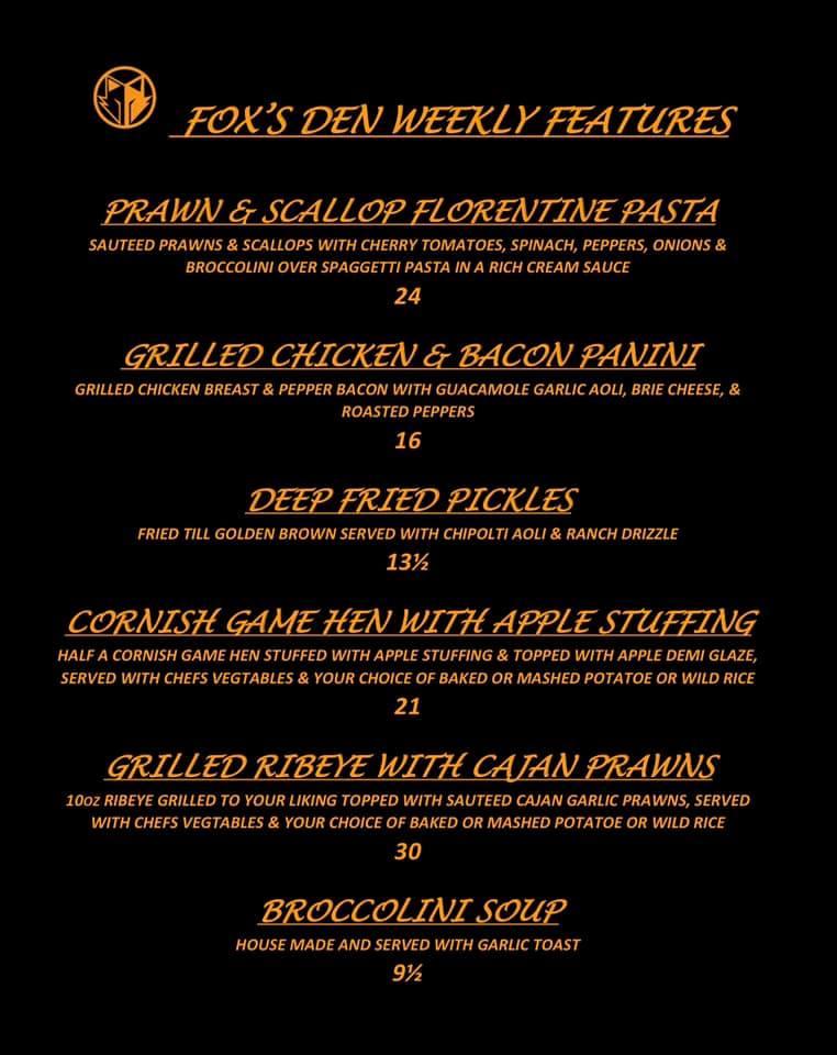 Menu at Fox's Den Bar & Grill, Williams Lake