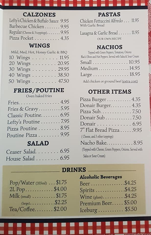 Menu at Lefty's Pizzeria & Lounge, Grand Falls-Windsor