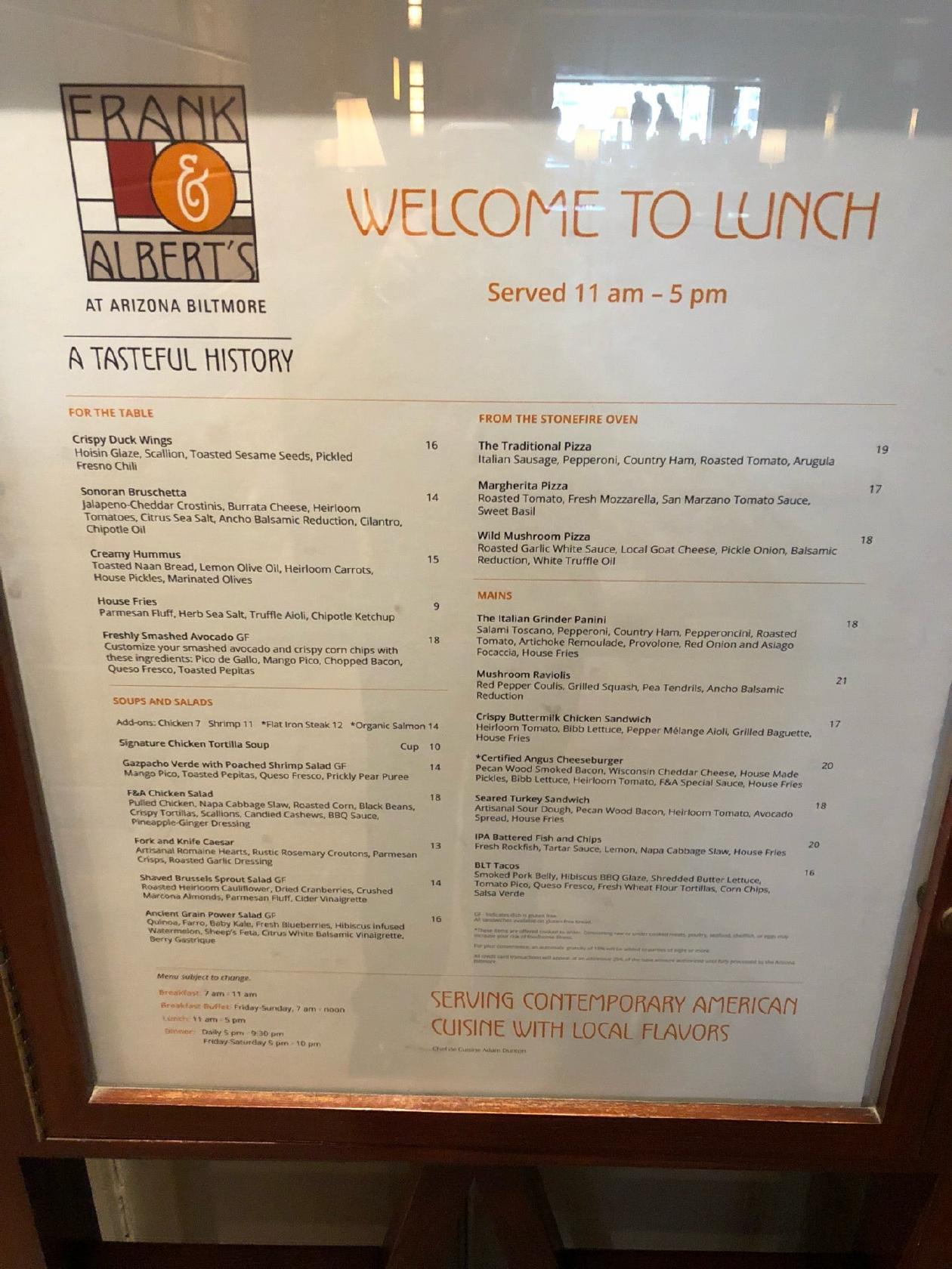 Menu at McArthur's restaurant, Phoenix