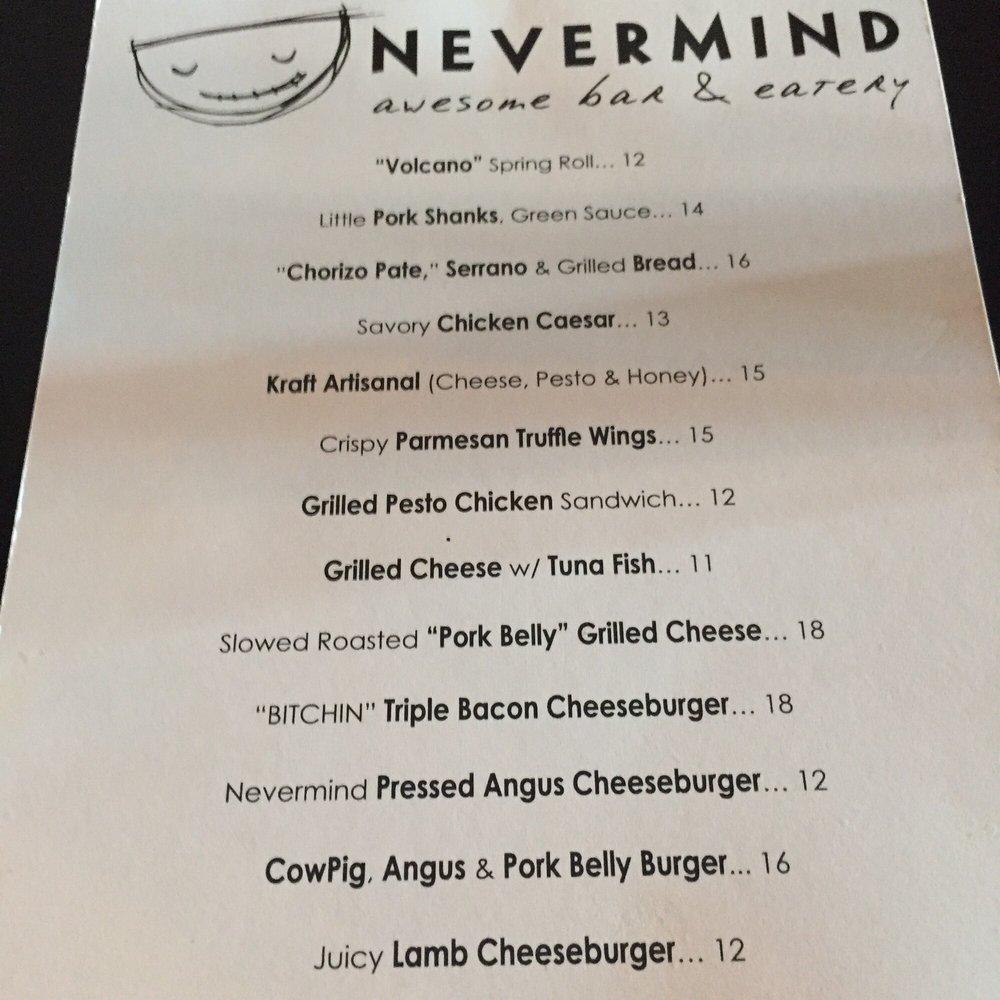 Menu at Nevermind Awesome Bar and The Hop, Cape Coral