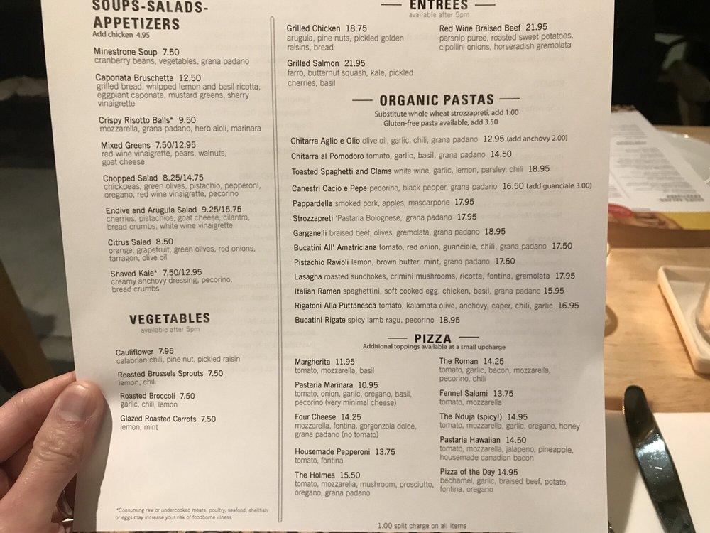 Menu at Pastaria pizzeria, Nashville