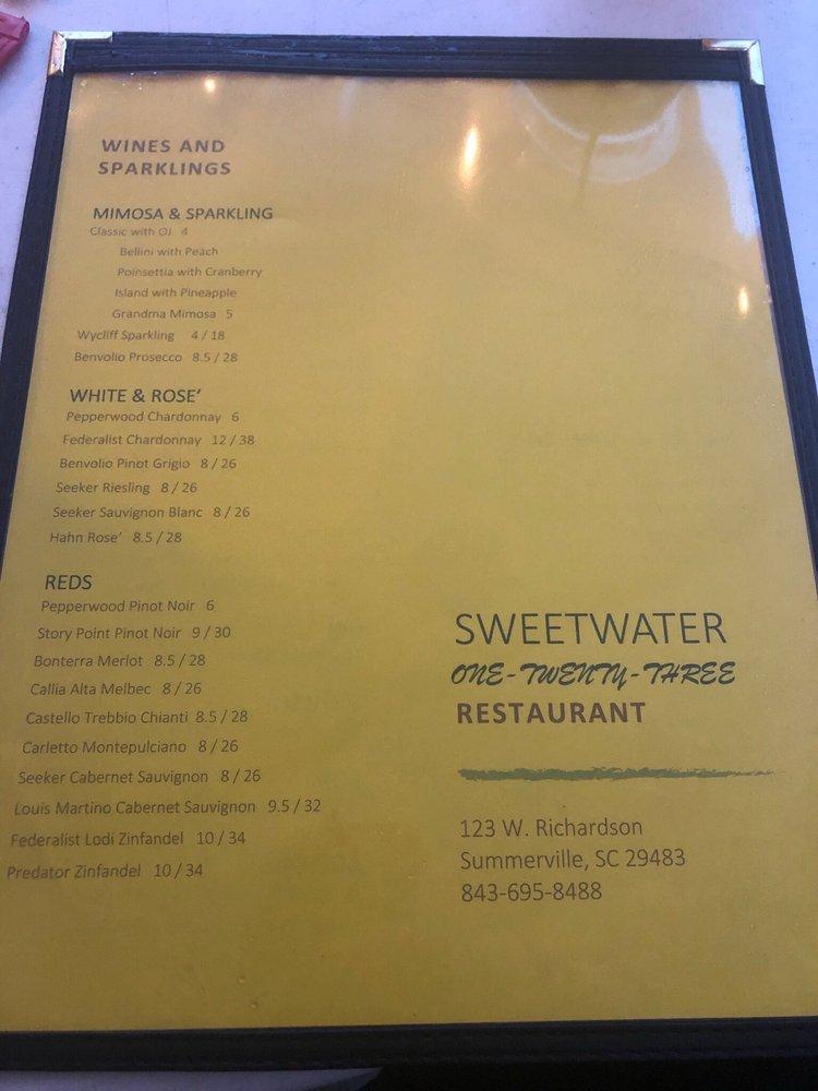 Menu at Sweetwater One Twenty Three restaurant, Summerville