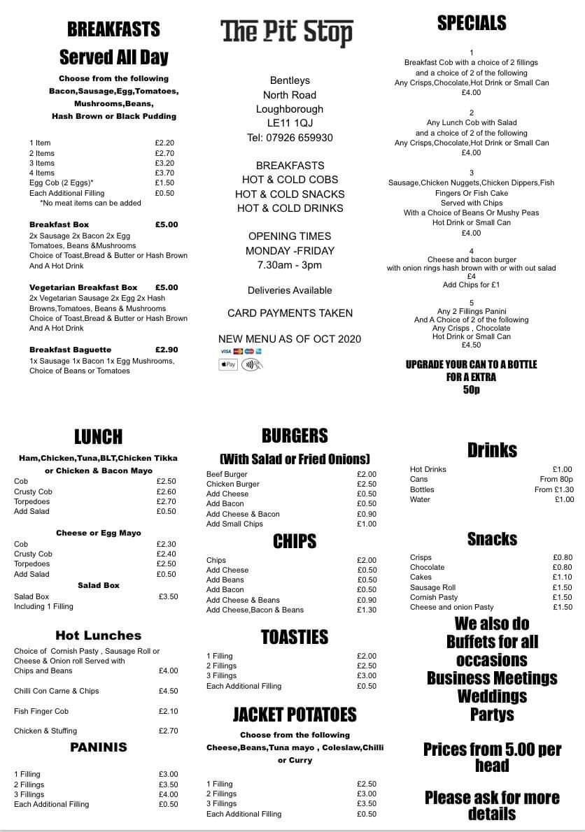 Menu at The Pit Stop cafe, Loughborough