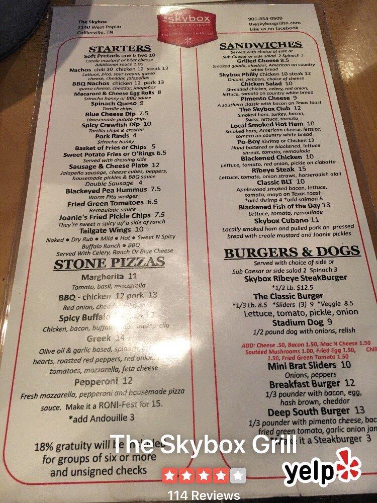 Menu at The Skybox Grill pub & bar, Collierville, W Poplar Ave #101