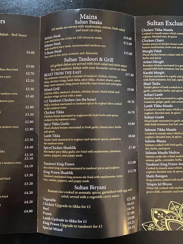 Menu at The Sultan of Jarrow restaurant, Jarrow