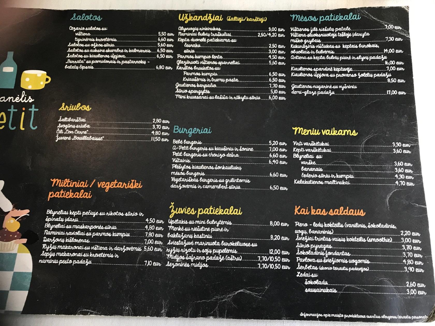 Menu at A-petit restaurant, Palanga, Plytų g. 7