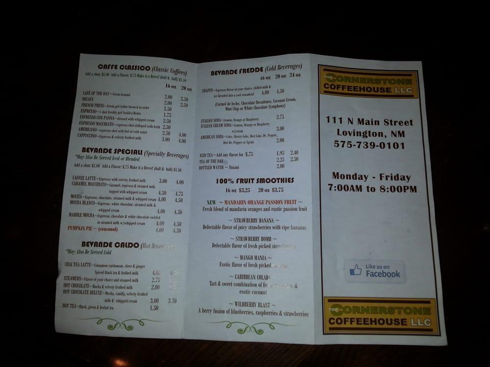 Menu at The Cornerstone Coffeehouse, restaurant, Lovington