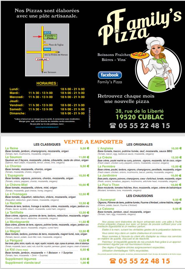 Carta de pizzería Family's Pizza, Cublac