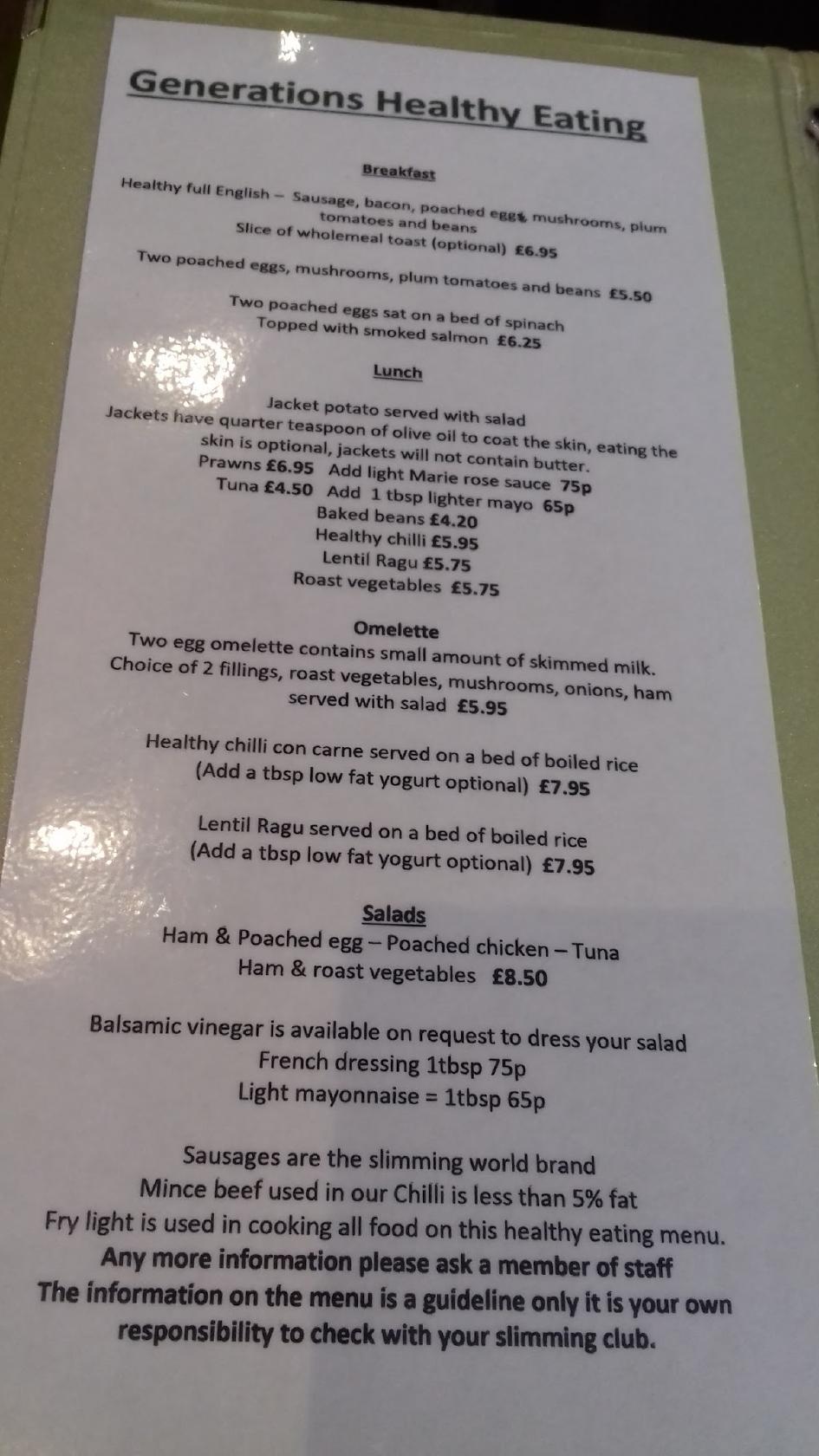 Menu at Generations Cafe Bar, Sheffield