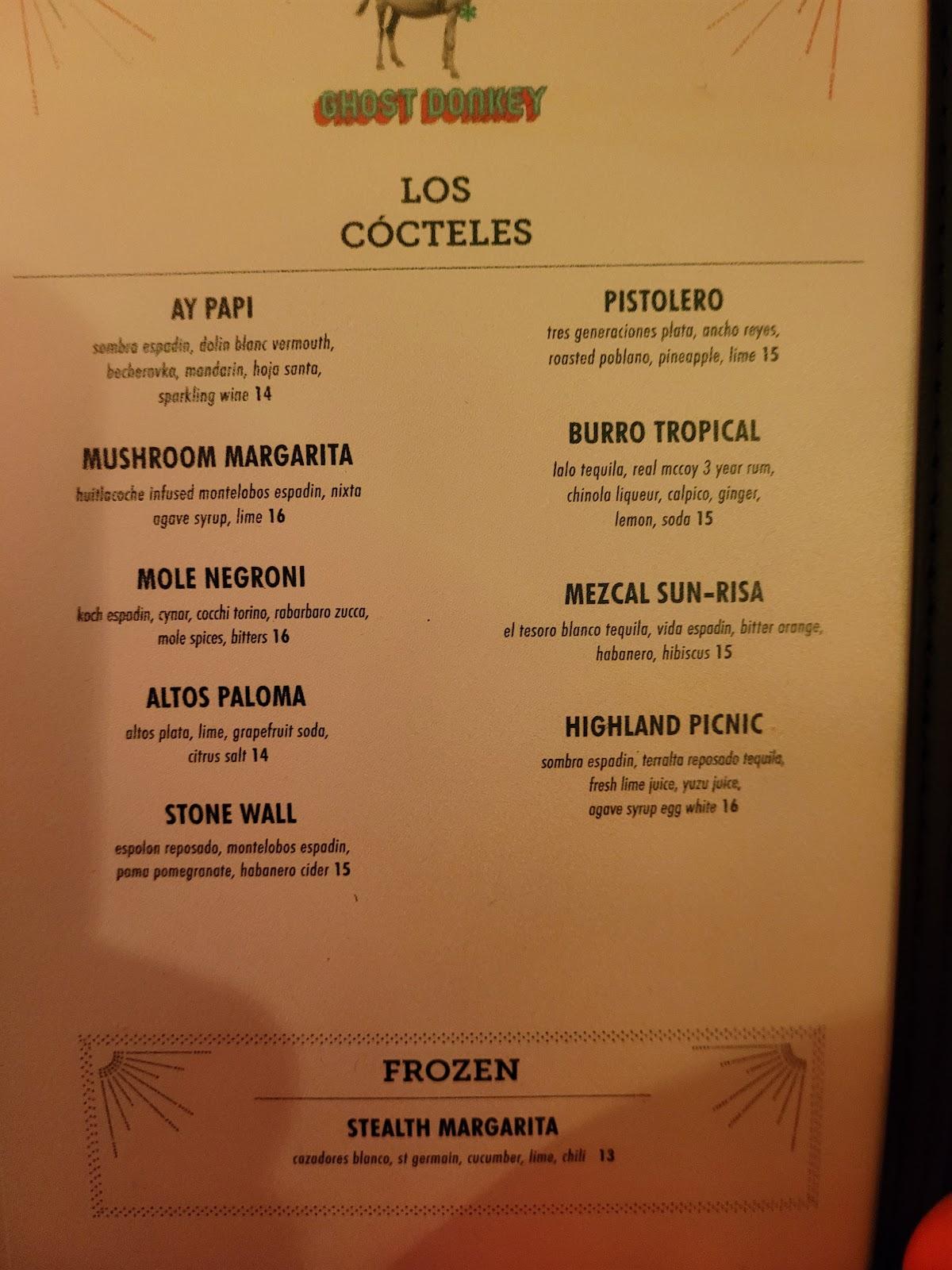 Menu at Ghost Donkey pub & bar, Denver
