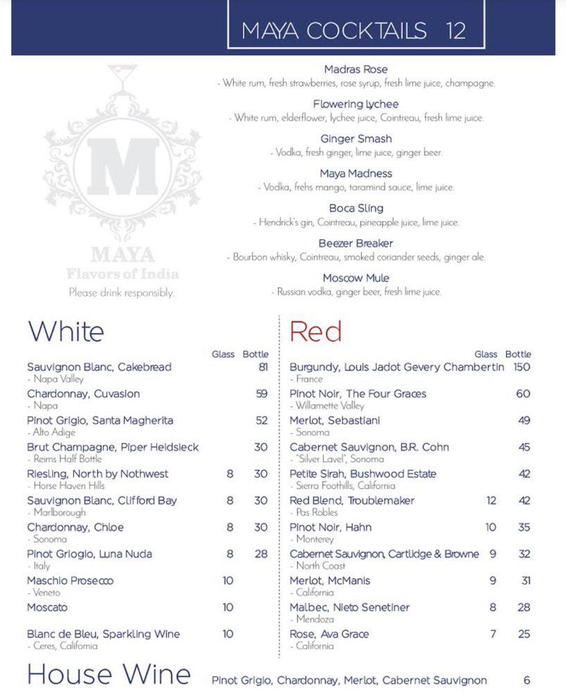 Menu at Maya Flavors of India restaurant, Boca Raton