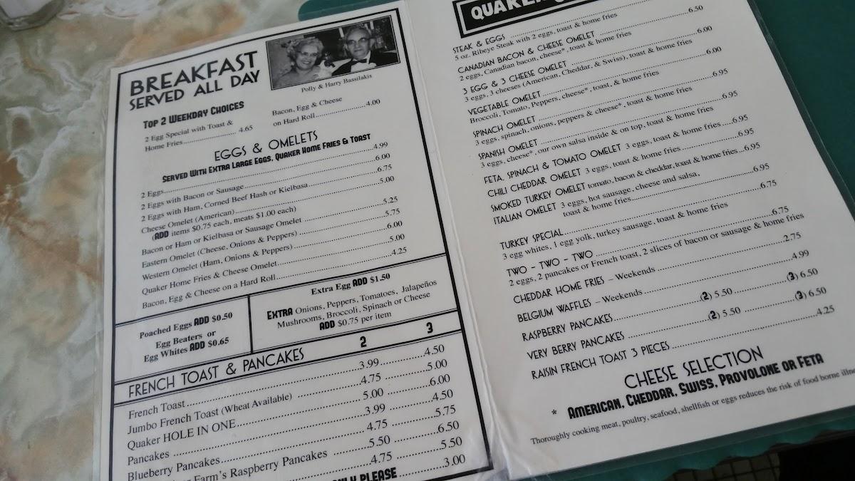 Menu at Quaker Diner restaurant, West Hartford