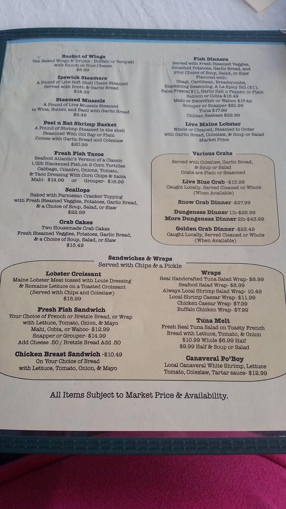 Menu at Seafood Atlantic restaurant, Cape Canaveral