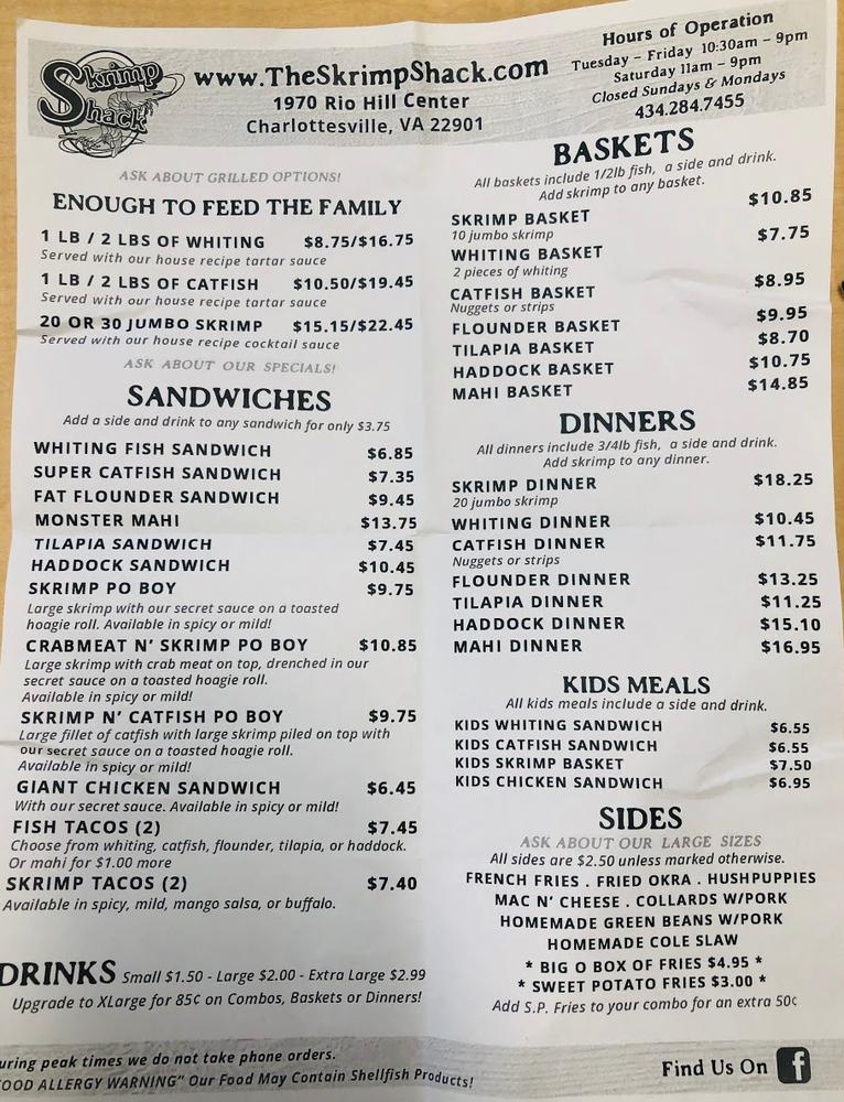 Menu at Skrimp Shack restaurant, Charlottesville, Rio Hill Center