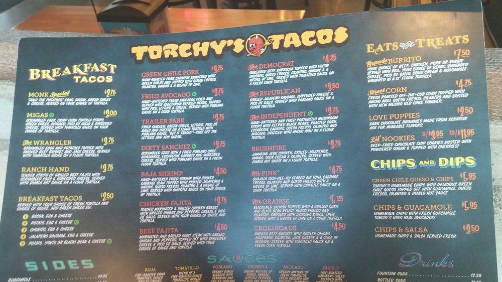 Menu at Torchy's Tacos restaurant, Fort Collins