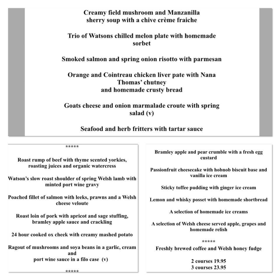 Menu at Watsons Bistro restaurant, Conwy