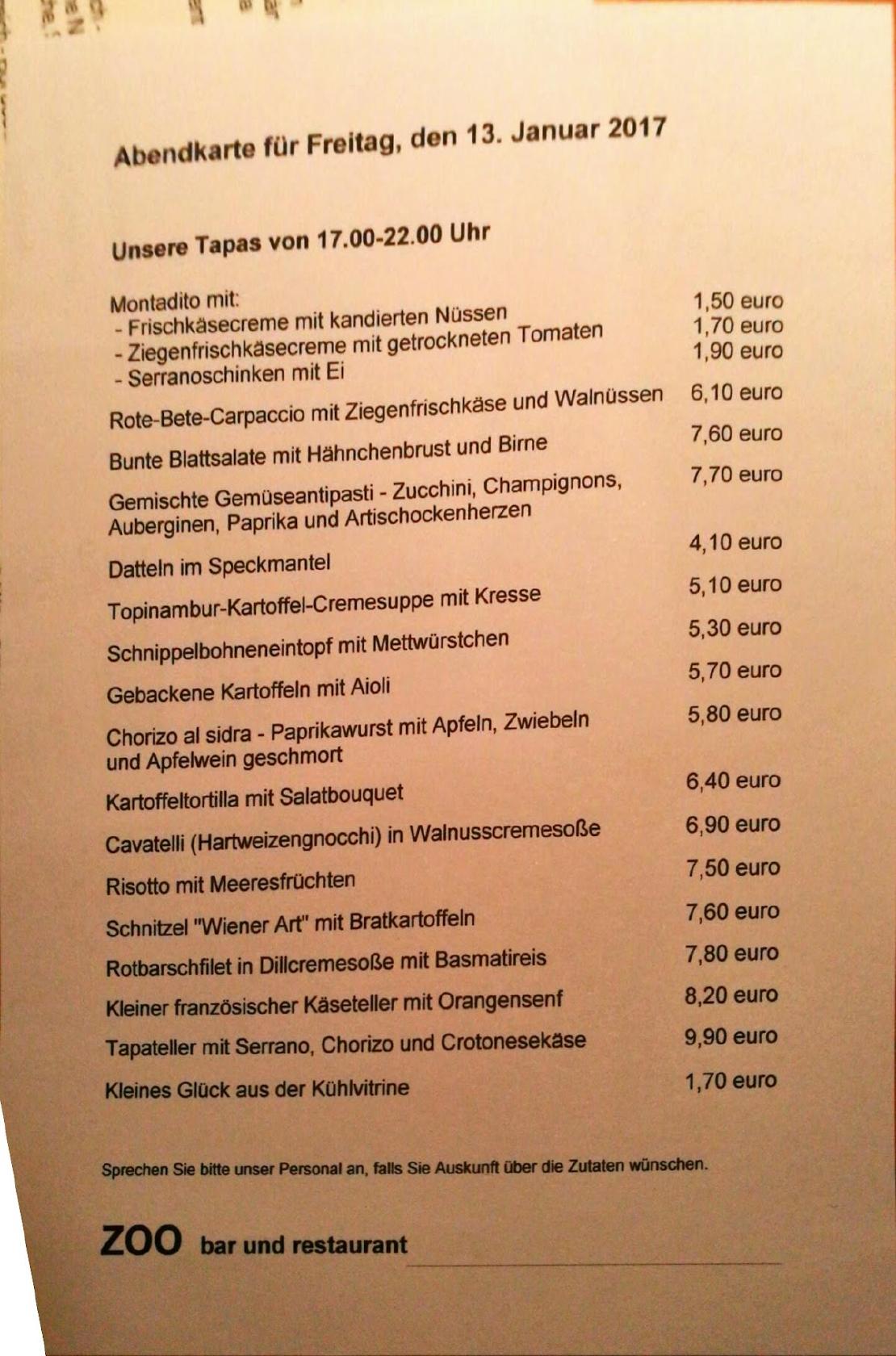 Speisekarte von Zoo cafe, Darmstadt